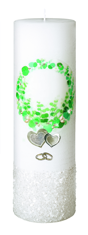 Hochzeitskerze - Grüne Ranke & Herz/Ringe